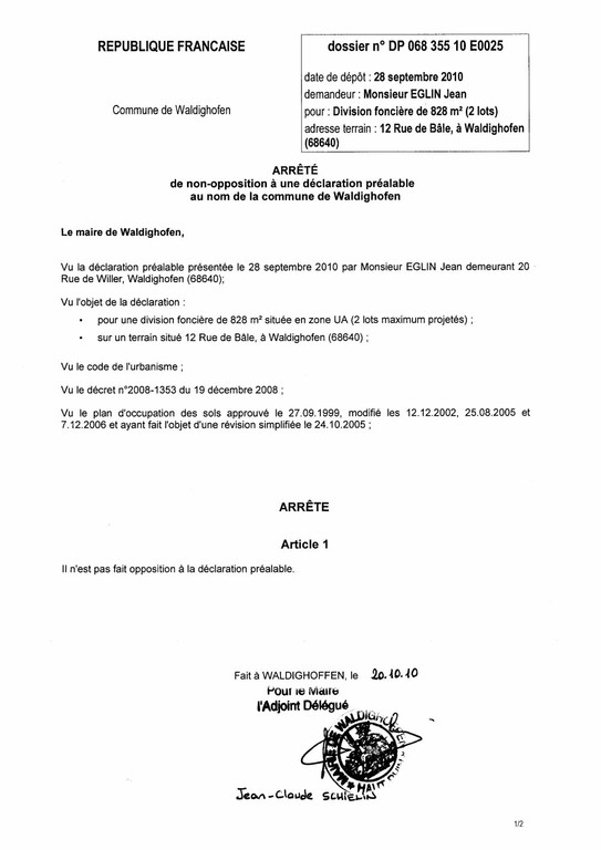 Non-opposition à une déclaration préalable - DP06835510E0025 - M. EGLIN ... Non-opposition à une déclaration préalable - DP06835510E0025 - M. EGLIN ...